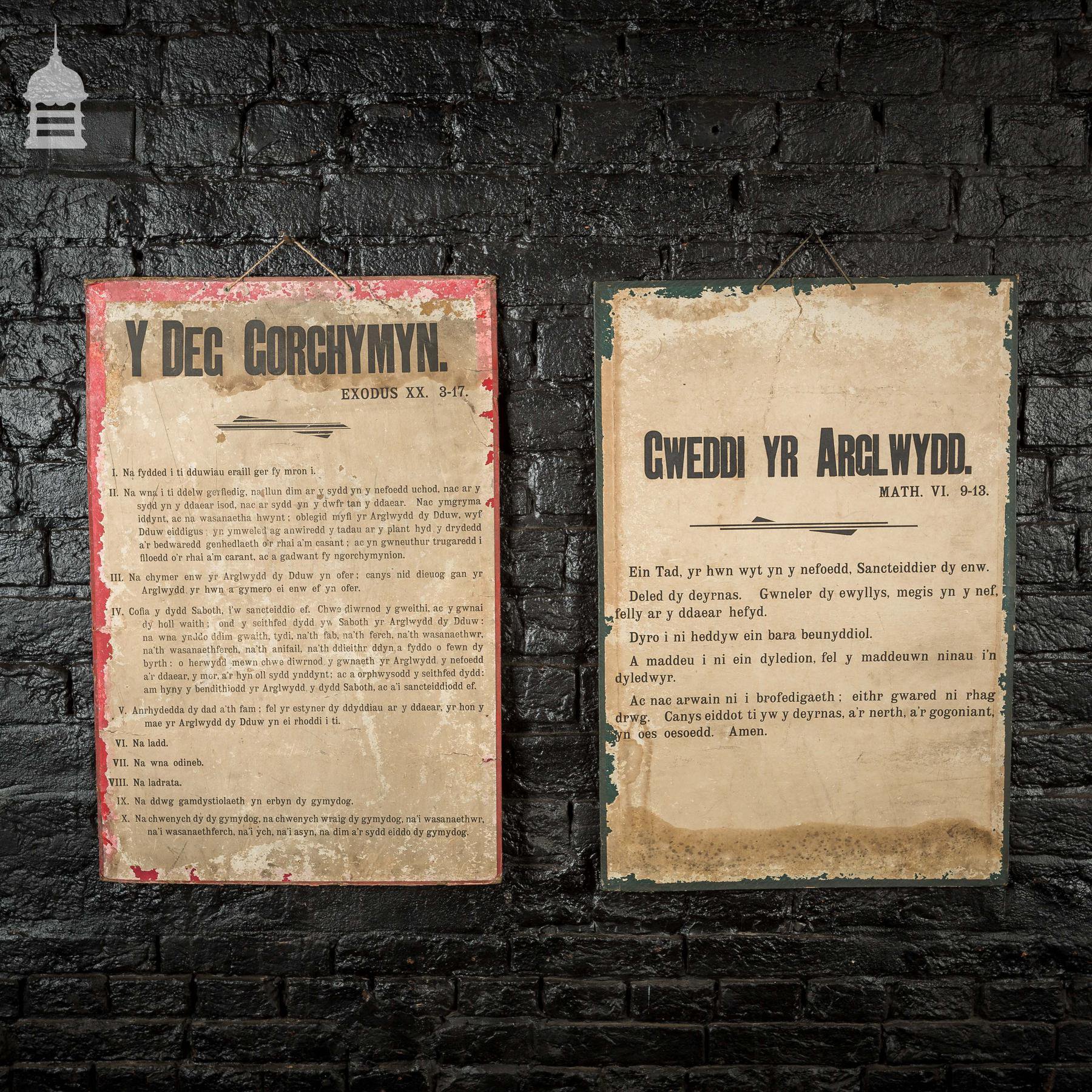 Pair of 19th C Welsh Language Double Sided Posters of The Lord Prayer ...