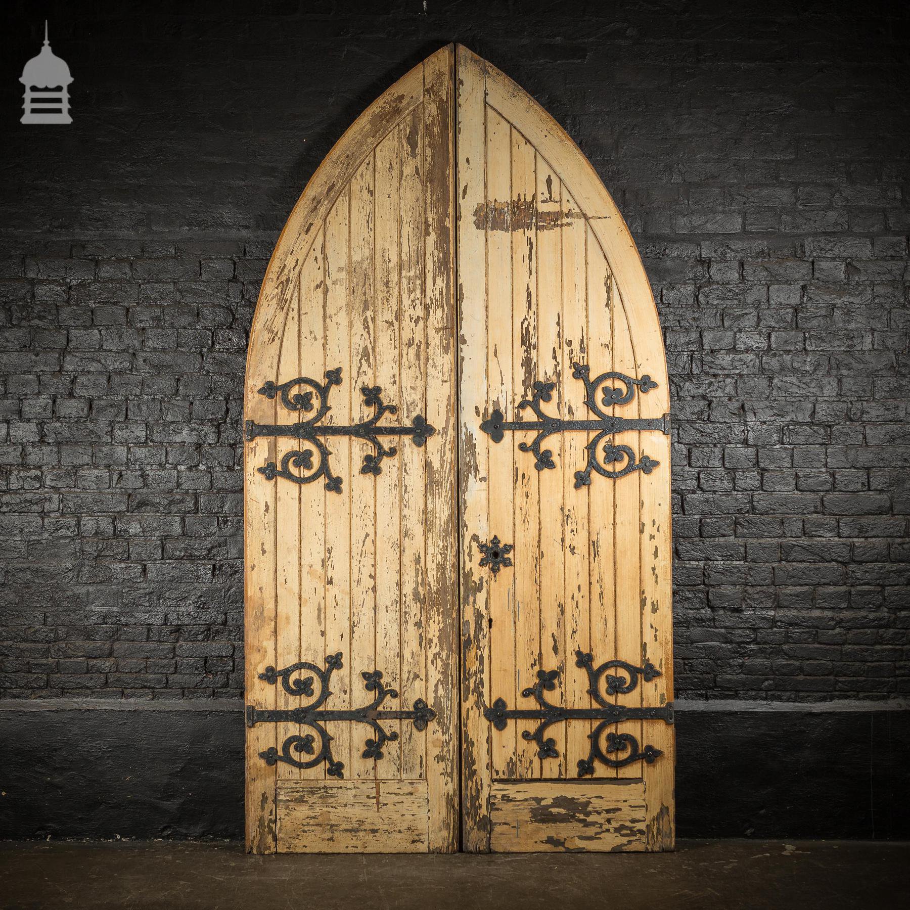 Pair of 19th C Pine Arched Top Ecclesiastical Church Chapel Doors with ...
