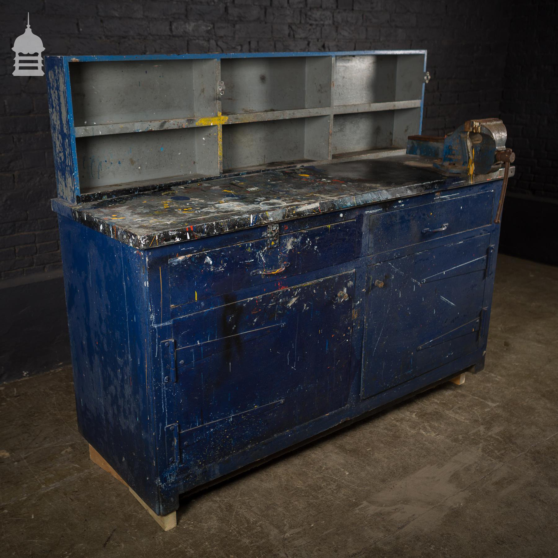 Industrial Workbench Cupboards and Shelves Unit with Distressed Blue ...
