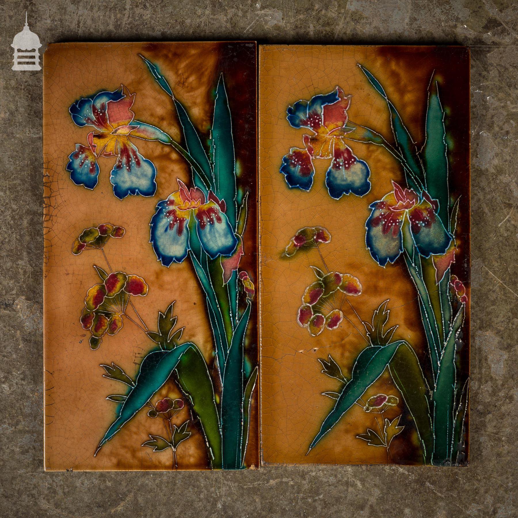 Pair of Floral Tube Lined 12x6 Tiles with Colourful Iris Design ...