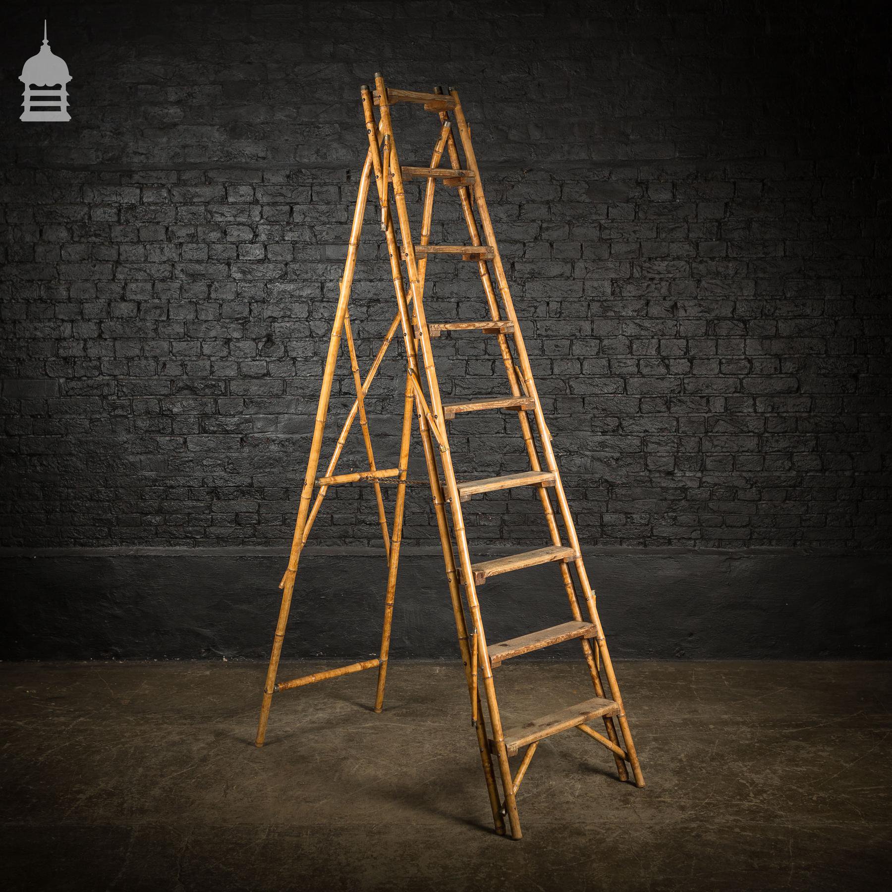 19th C Folding Bamboo and Pine A-Steps Ladder | Norfolk Reclamation