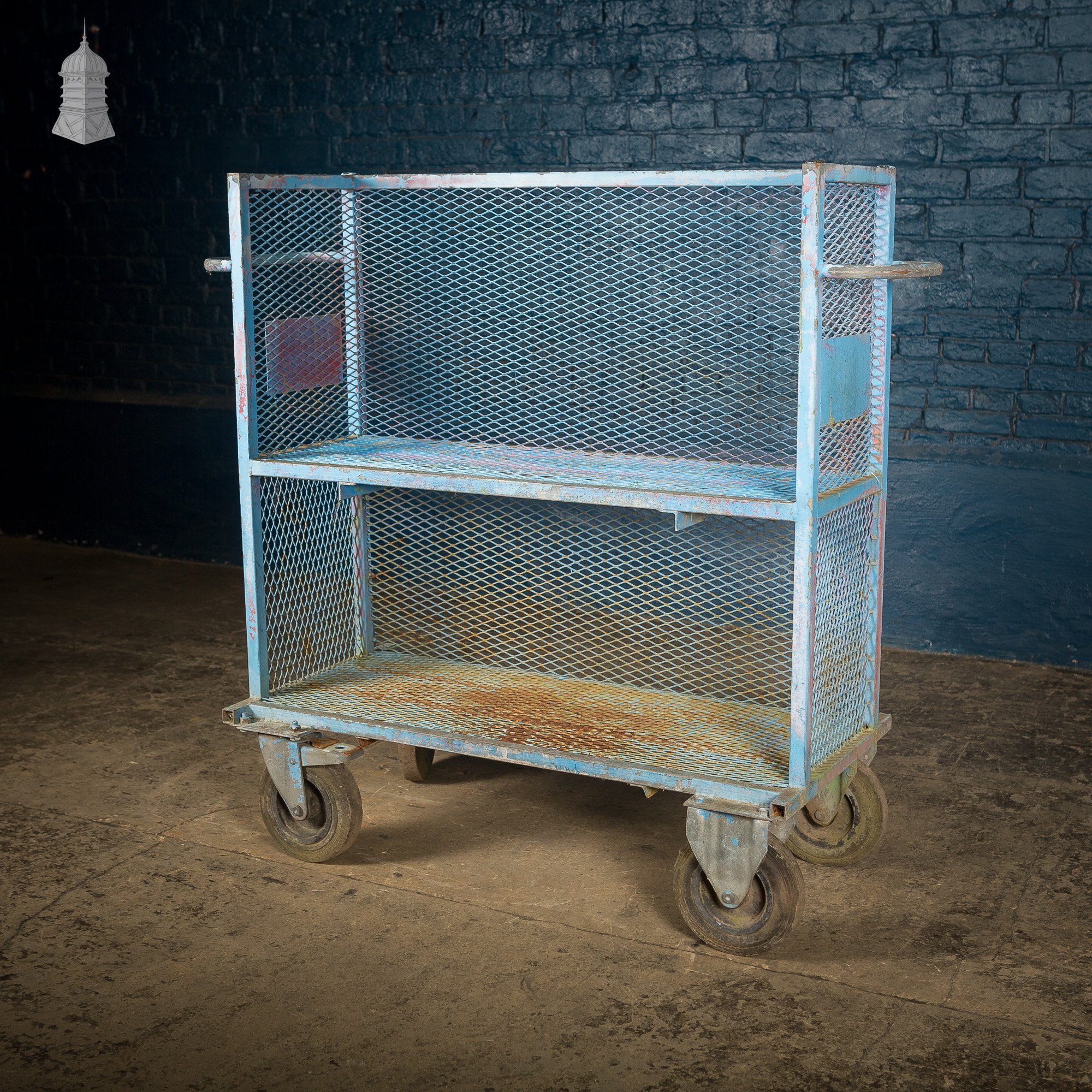 Vintage Blue Painted Steel Industrial Wheeled Trolley Shelving Unit ...