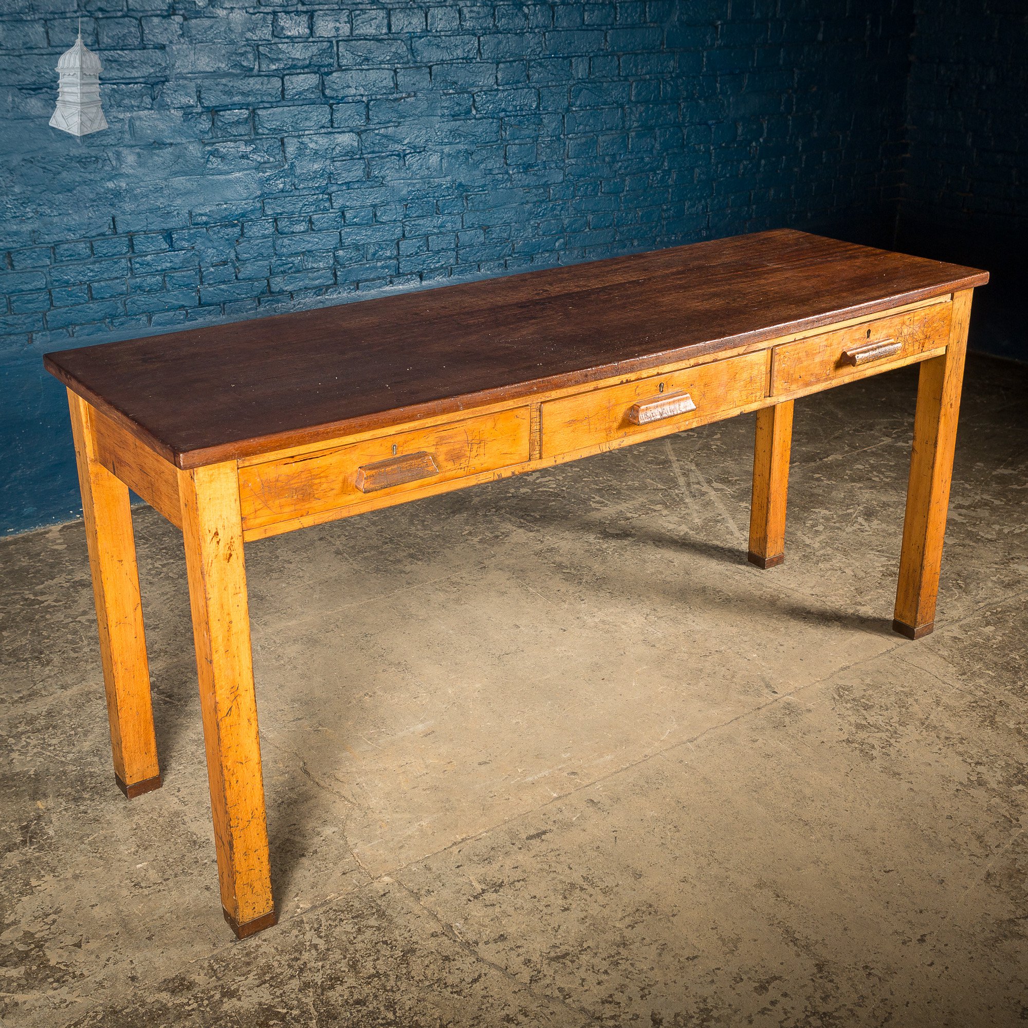 Oak and Iroko Mid Century School Science Lab Bench Table With 3 Drawers ...