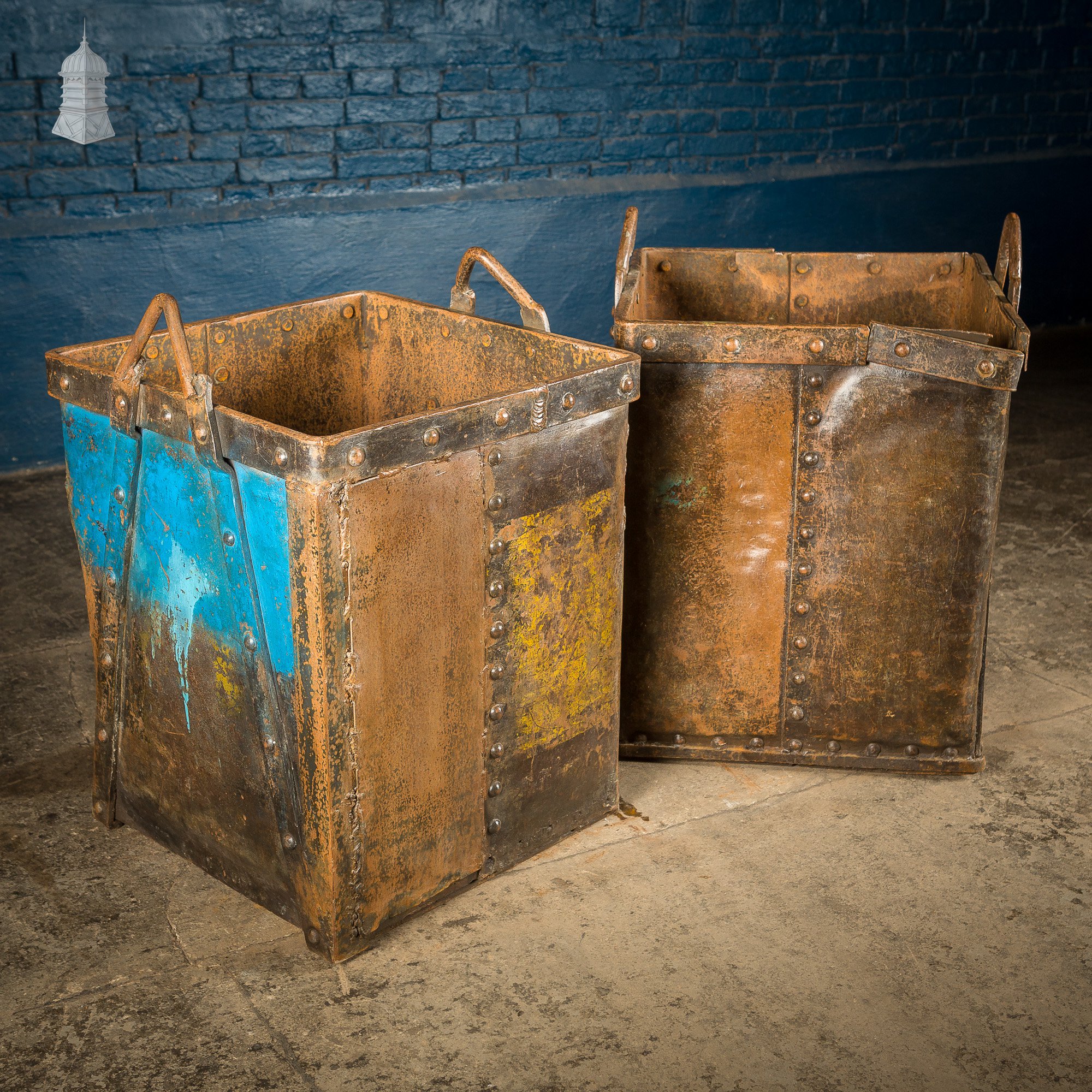 Pair of Riveted Steel Industrial Storage Bins with Waxed Finish ...