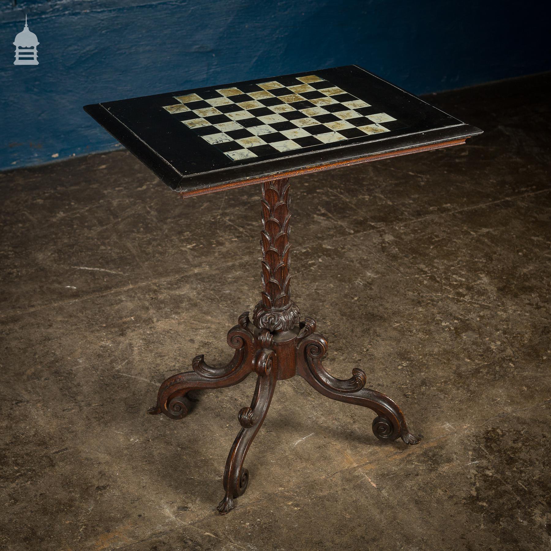 Ornate 18th C Tripod Base with Later Slate Hand Painted Chess Table Top ...