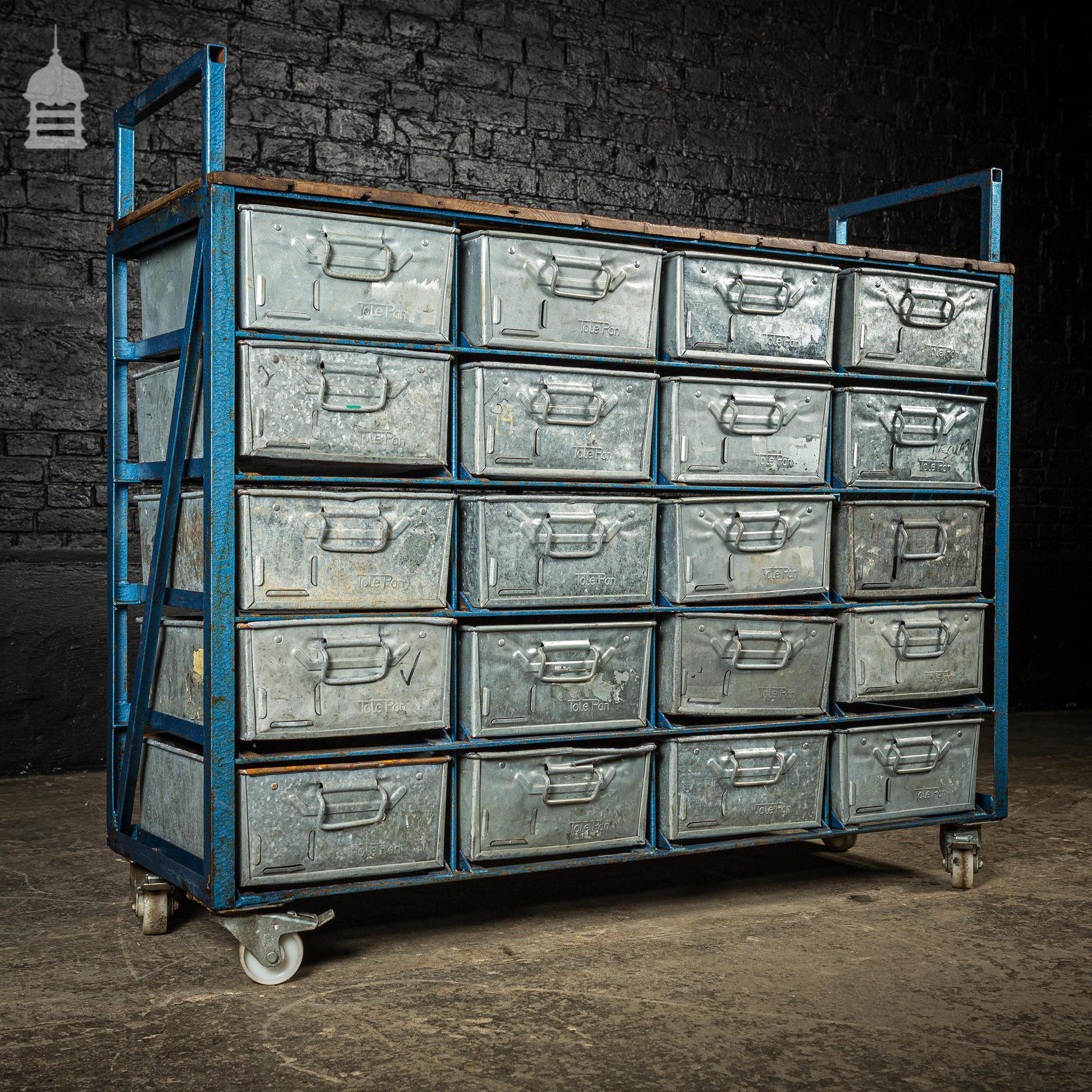 Blue Steel Industrial Workshop Trolley with Bank of 20 Metal Tote Pan Drawers | Norfolk Reclamation