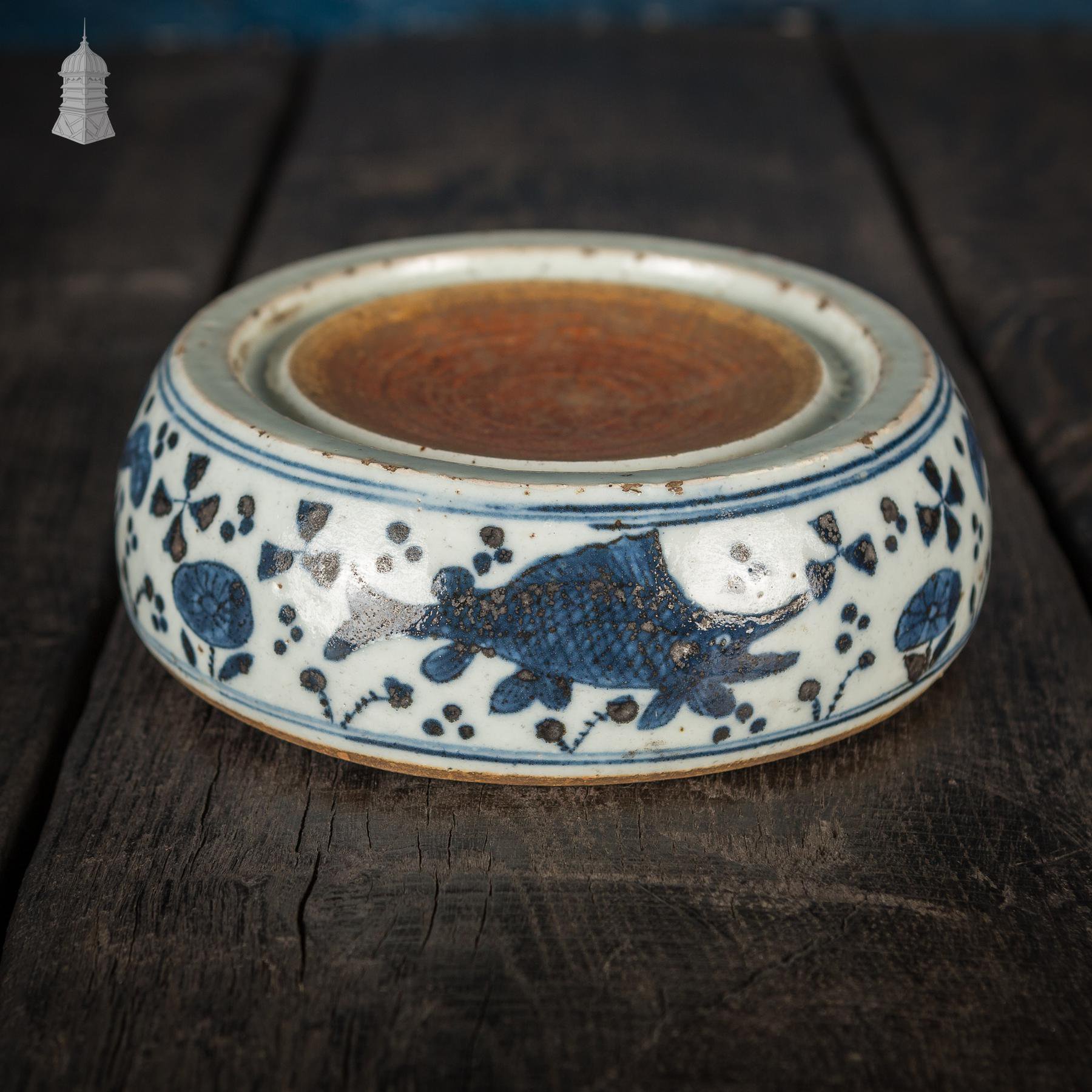 Oriental Antique Blue & White Ink Stone Ming Style Decorated with ...