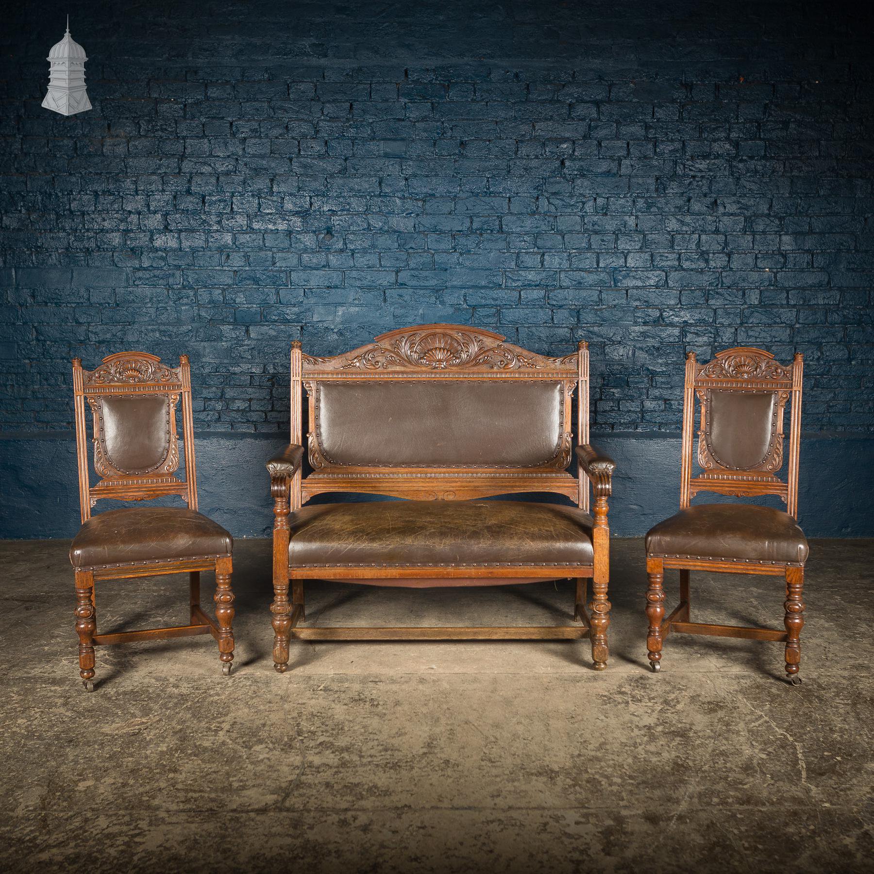 Late 19th C Double Oak Frame Sofa Set and Two Singles | Norfolk Reclamation