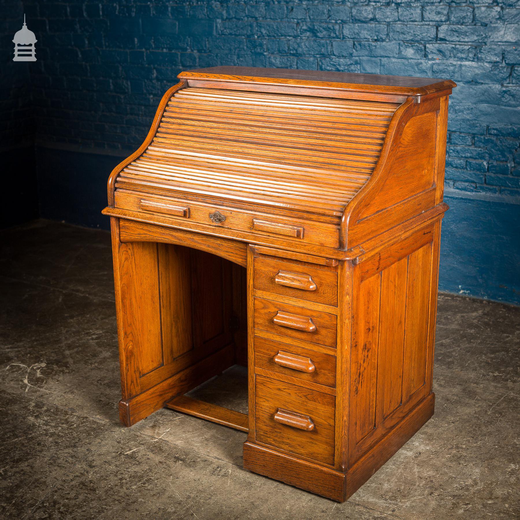 Edwardian Oak Tambour Front Roll Top Lebus Desk | Norfolk Reclamation
