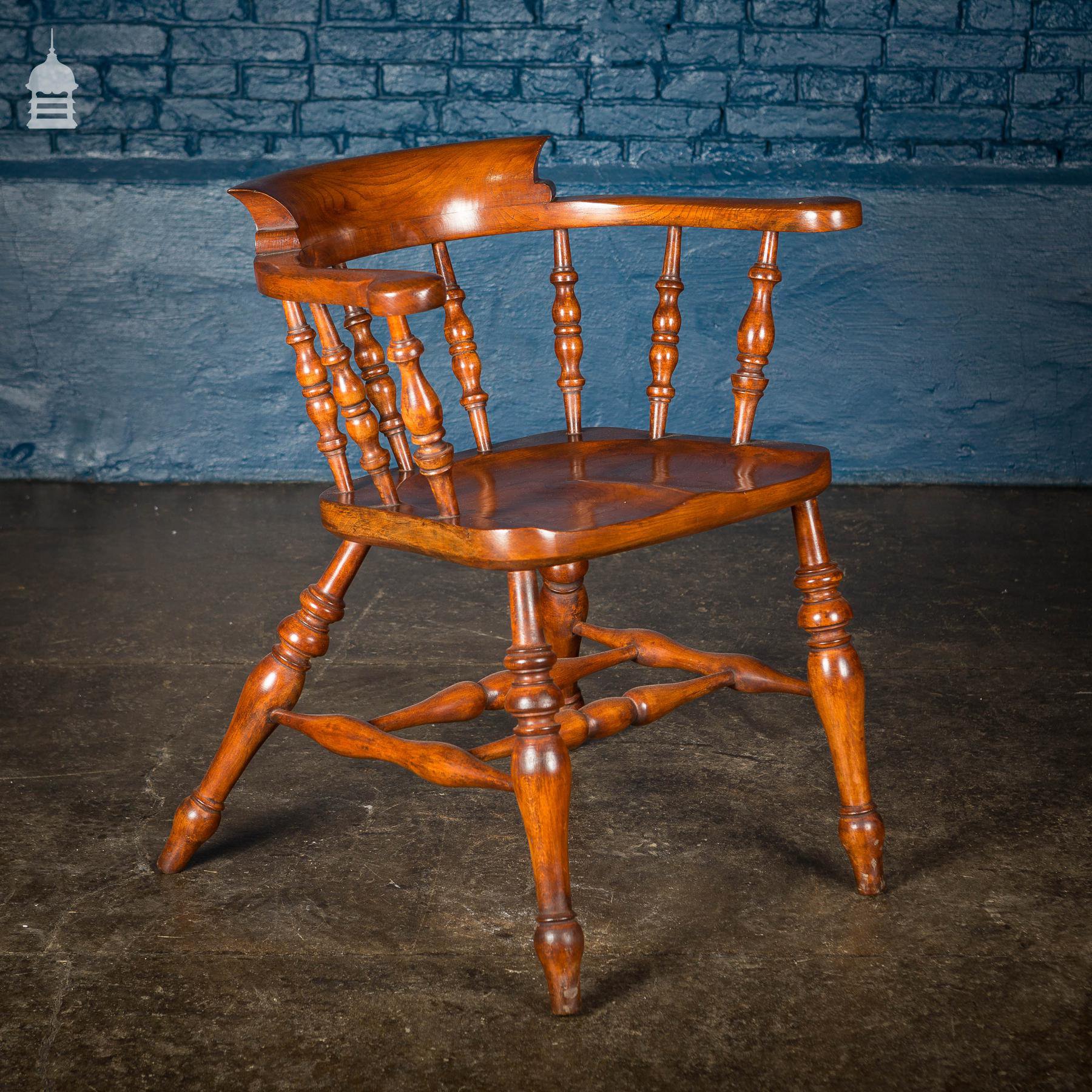 19th C Elm Captain’s Bow Seat Smokers Chair with Turned Arm Supports ...