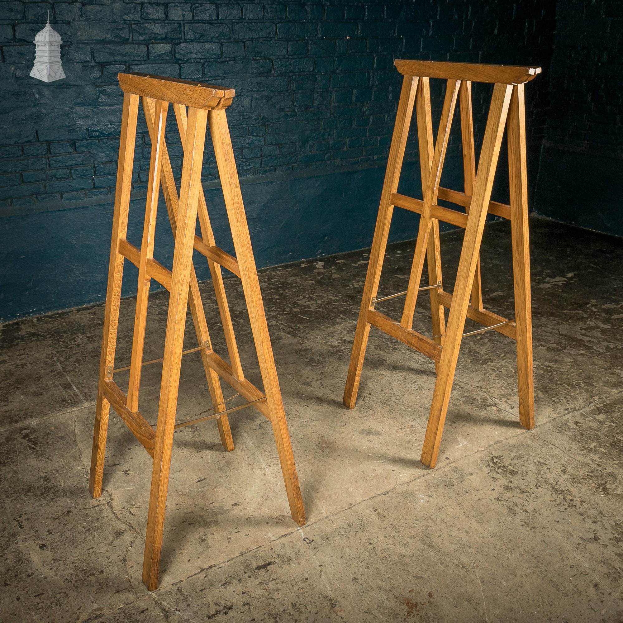 Tall Trestle Coffin Stands, 19th C Oak with Brass hardware, Pair ...