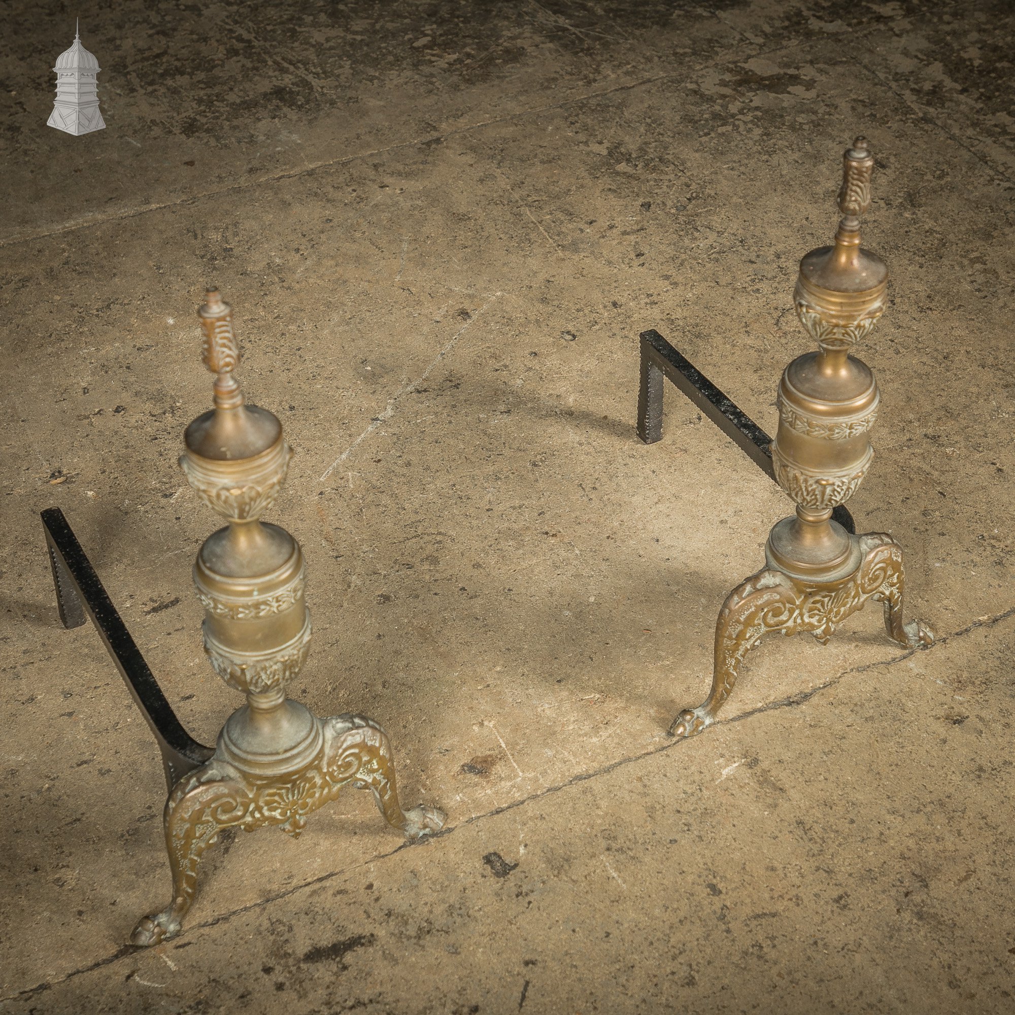 Fire Dog Andirons, Ornate Brass Pair | Norfolk Reclamation