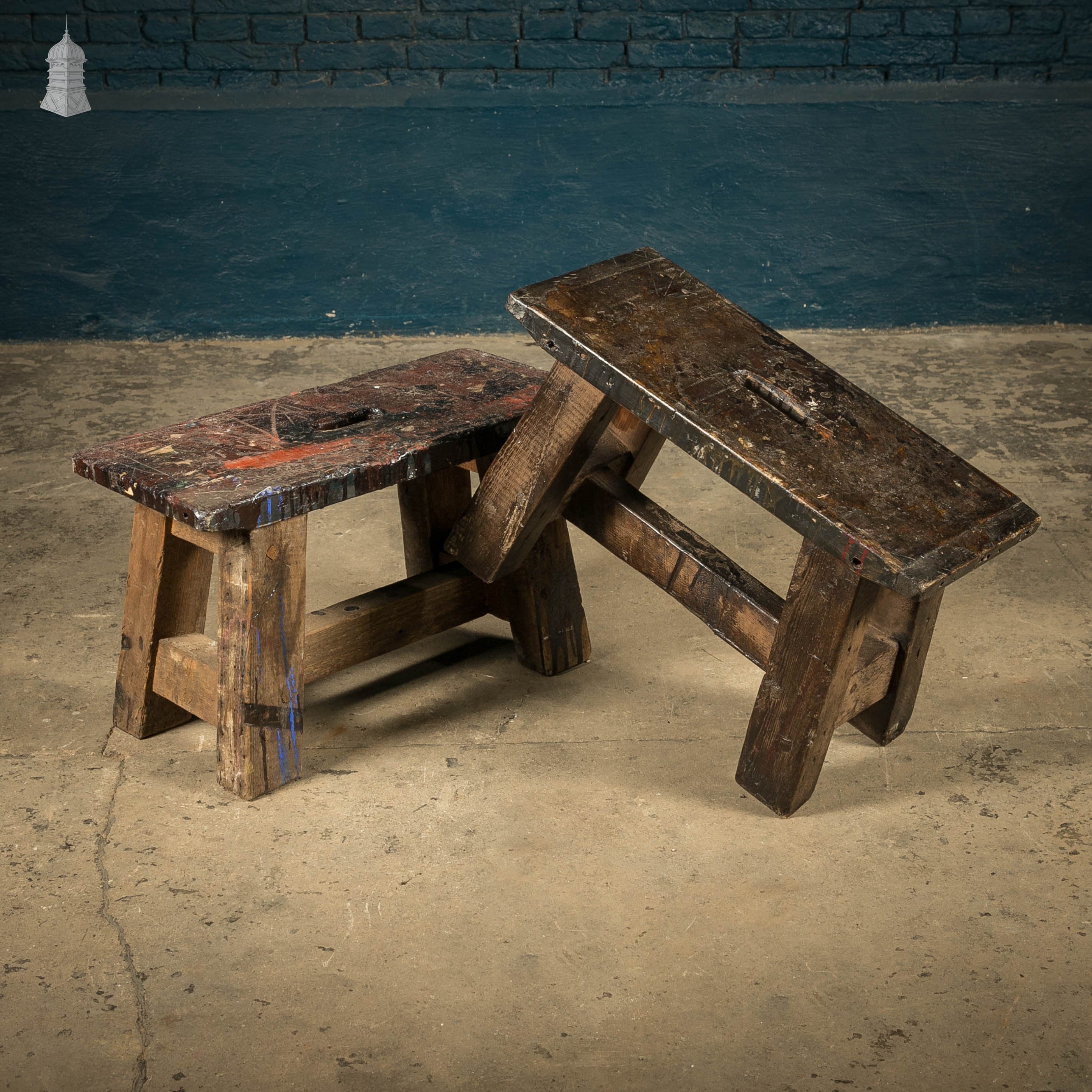 Trestle Step Stools, Pair of Rustic Pine Industrial Workshop Stools ...