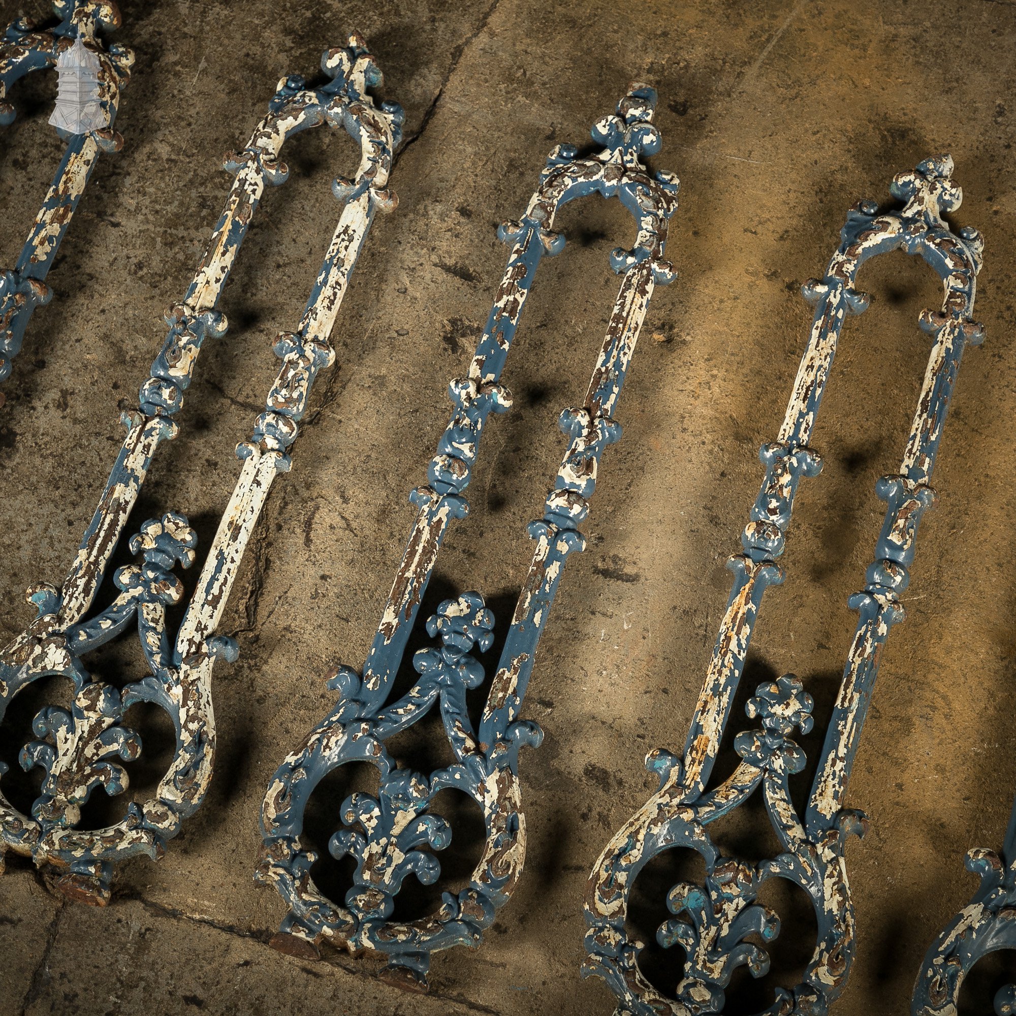 Batch of 7 Victorian Cast Iron Balustrade Elements With Distressed Blue ...