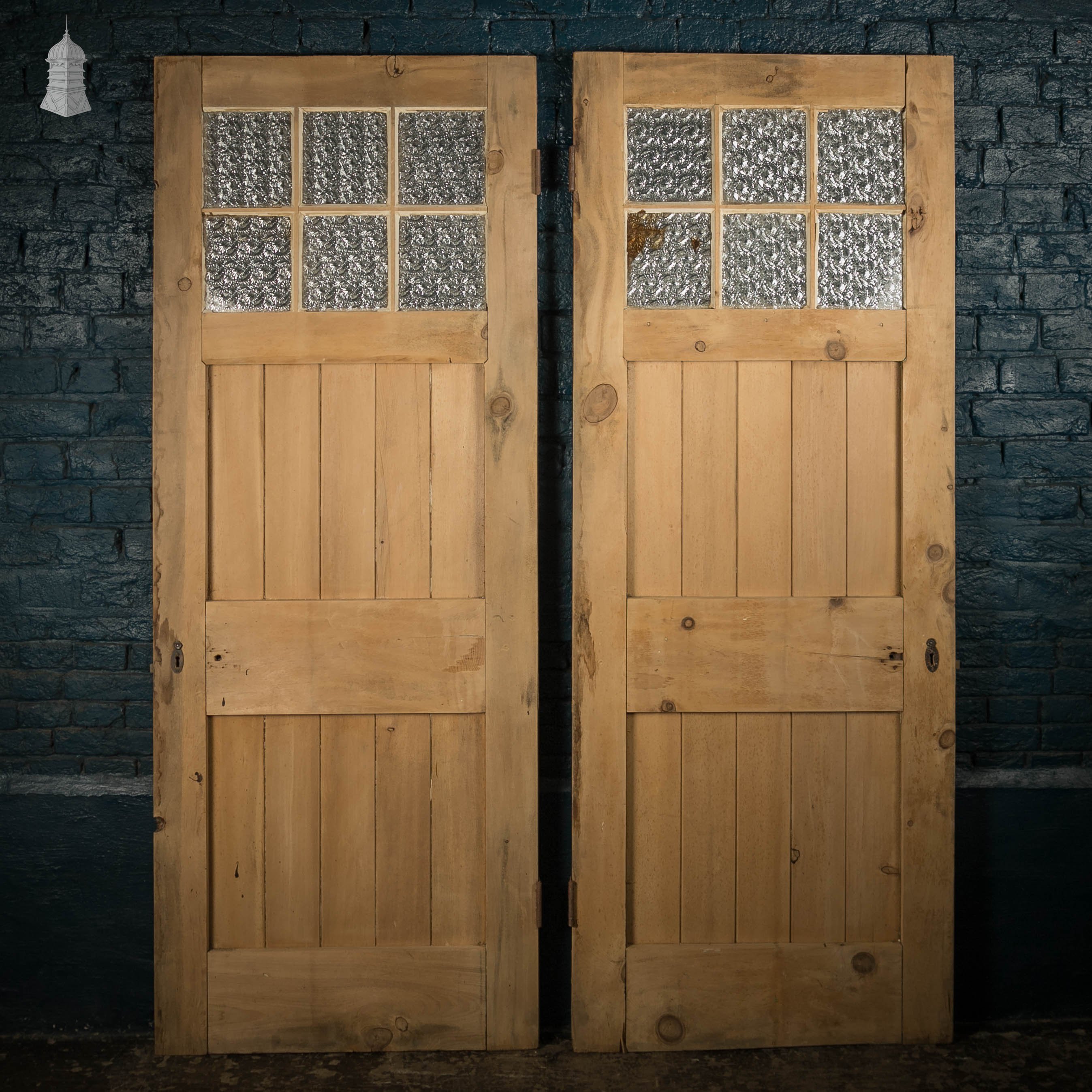 Glazed Pine Doors, Pair of framed plank Edwardian Doors with Muranese ...