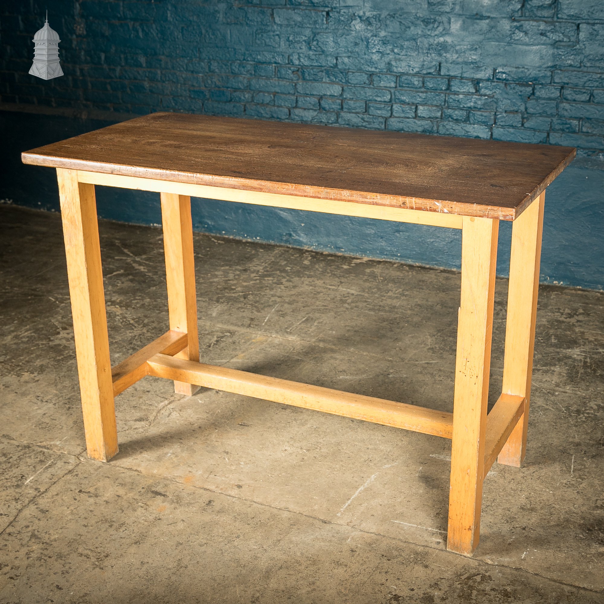 School Workbench Table, Beech H stretcher base with Iroko top, Mid ...