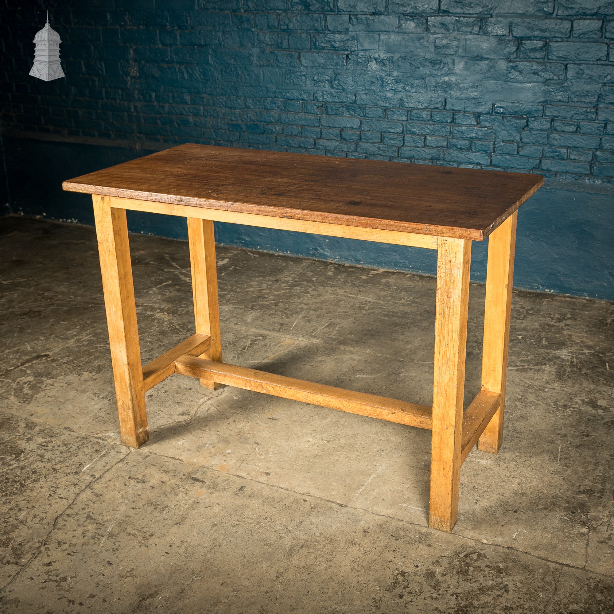 School Workbench Table, Beech H stretcher base with Iroko top, Mid ...