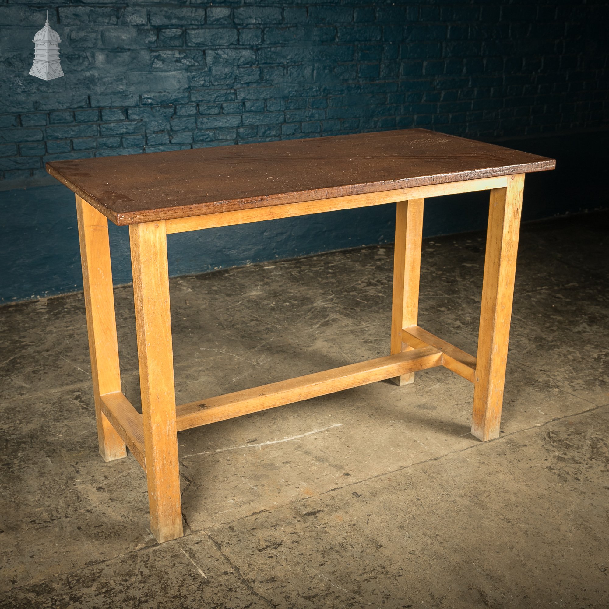School Workbench Table, Beech H stretcher base with Iroko top, Mid ...
