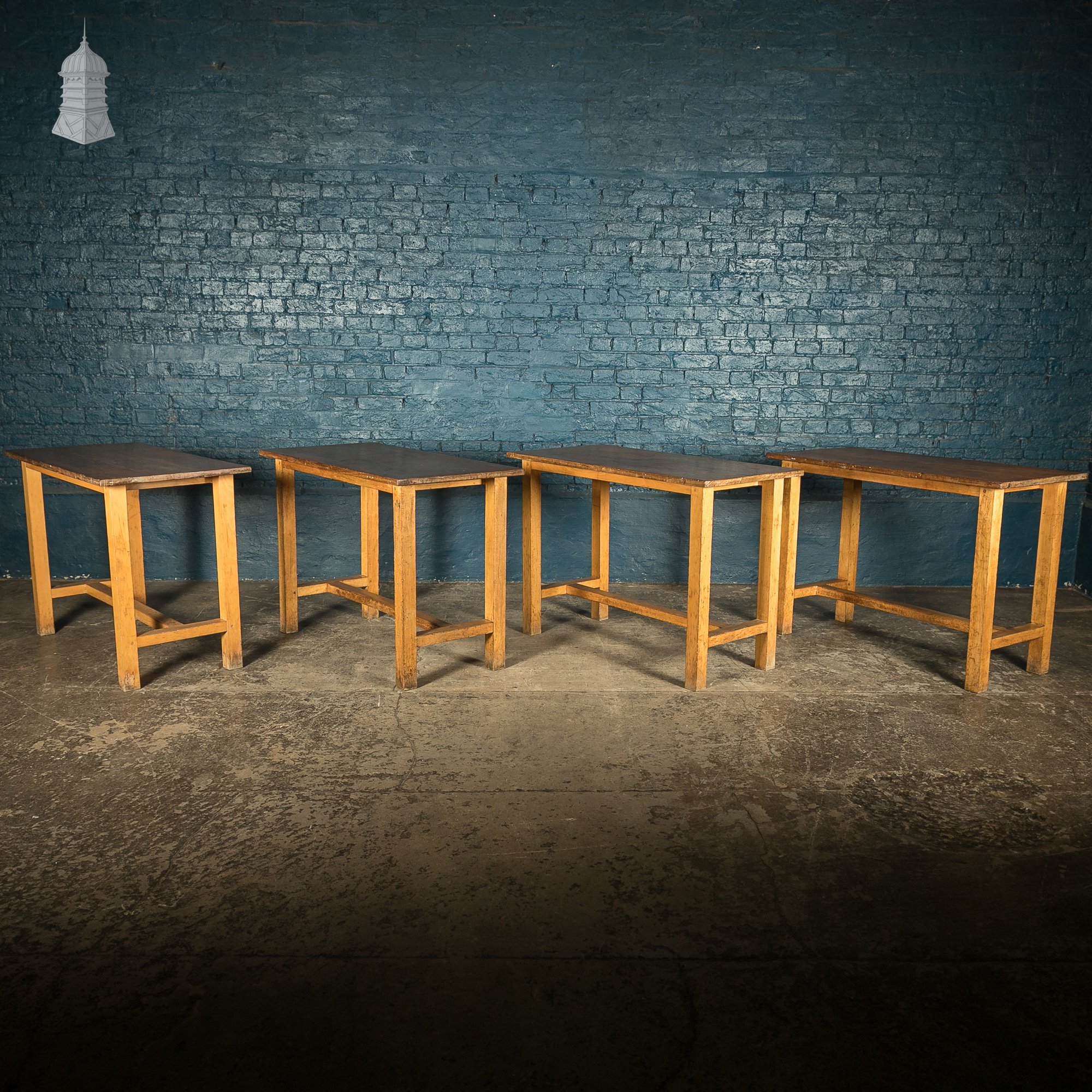 School Workbench Tables, Mid Century, Set of 4, Beech H stretcher bases ...