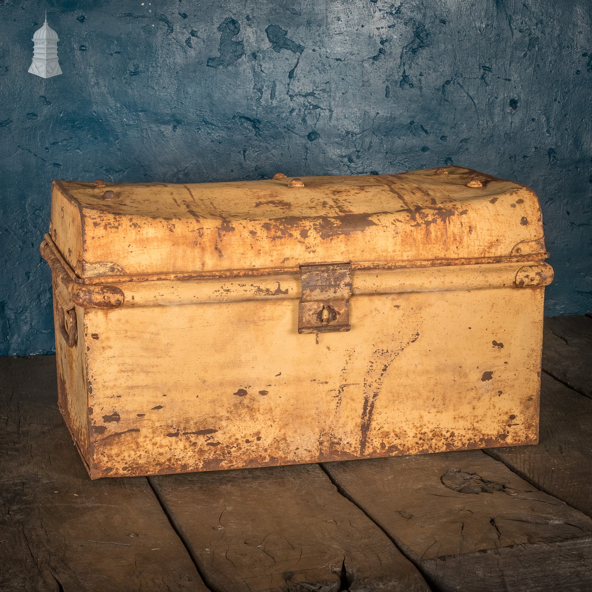 Yellow Metal Trunk, Vintage Lockable Chest with Distressed Paint Finish ...