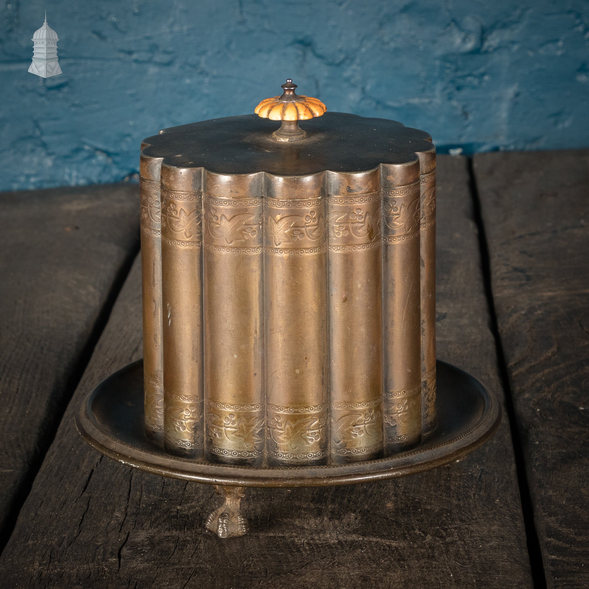 Brass Biscuit Box, 19th C, Brass with Claw Feet and Engraved Details ...