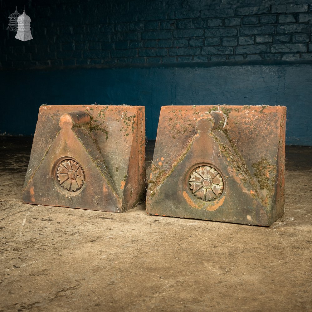 Parapet Coping Bricks, Decorative Rose Detail, 19th C Weathered Red ...