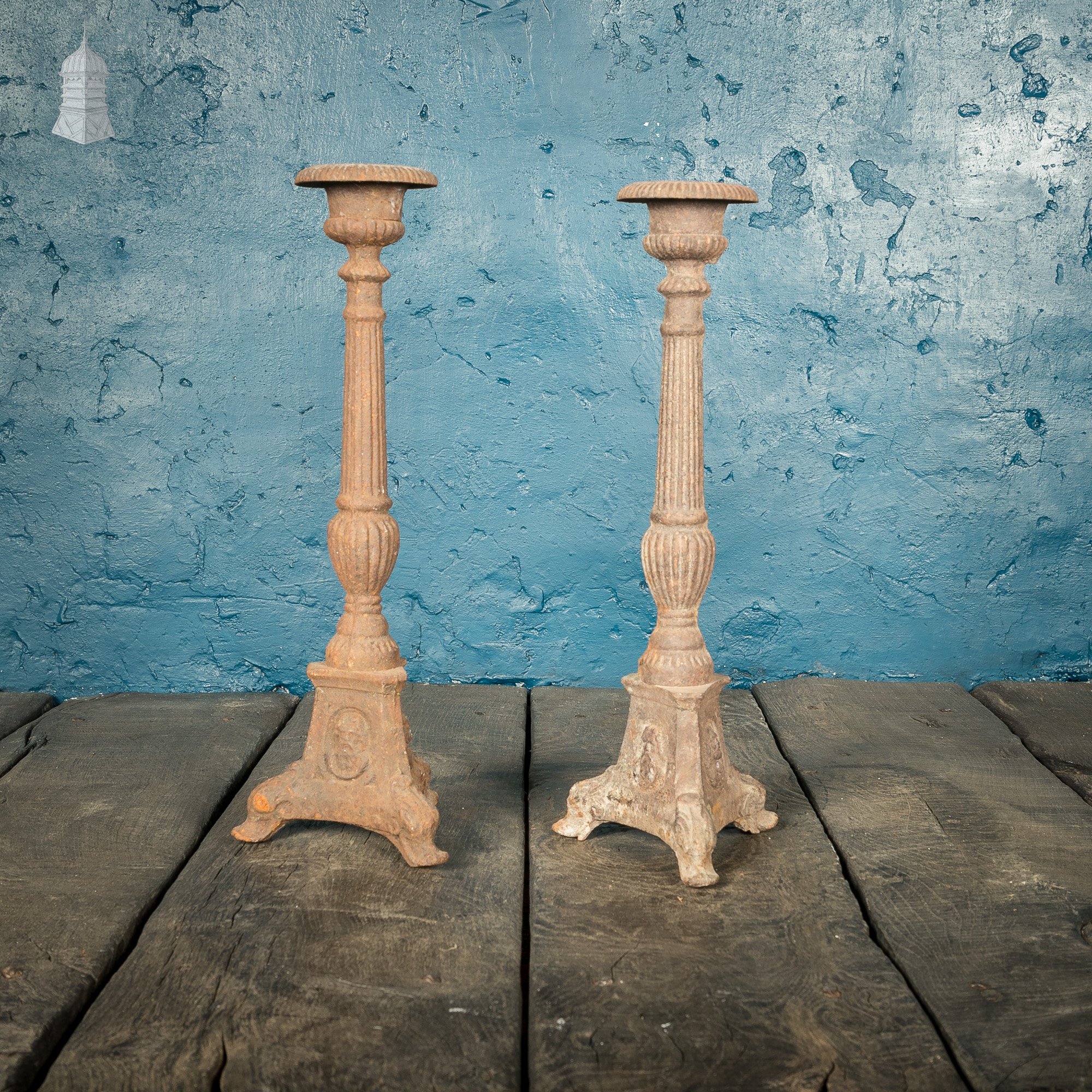 Cast Iron Candlesticks, 19th C Mock Tudor | Norfolk Reclamation