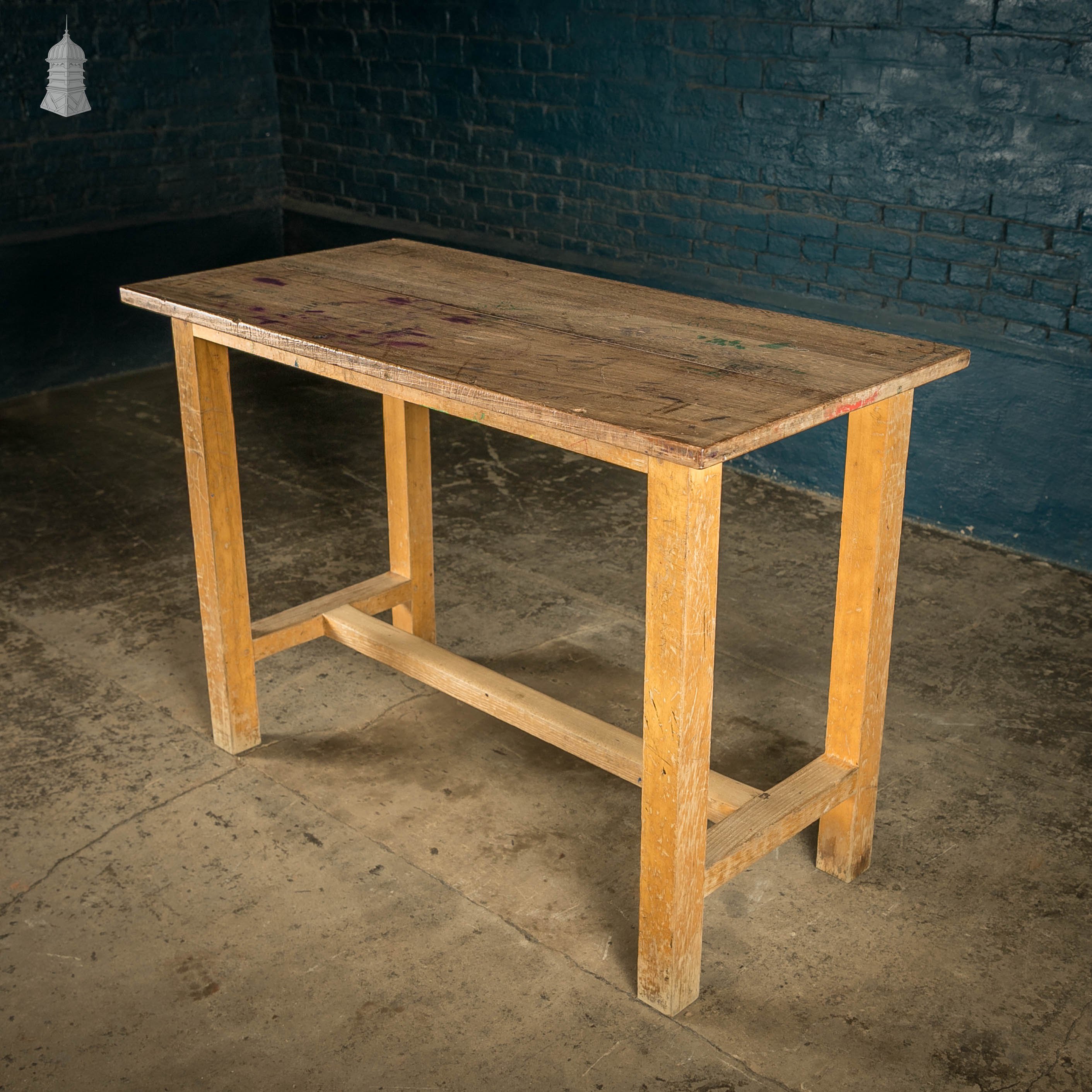 School Workbench Table, Mid Century Beech H Stretcher Base with Iroko ...