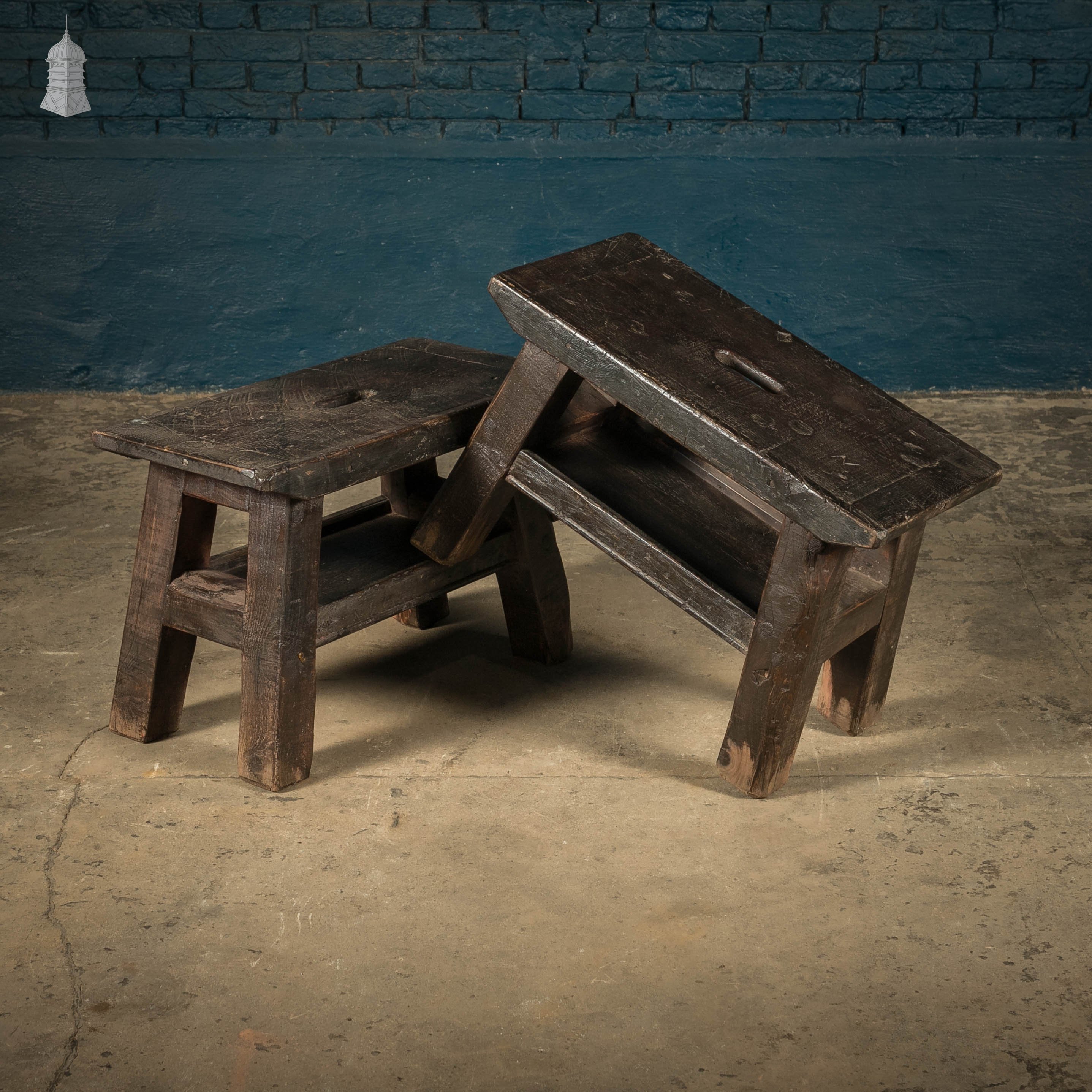 Trestle Step Stools, Pair of Rustic Black Stained Pine Industrial ...