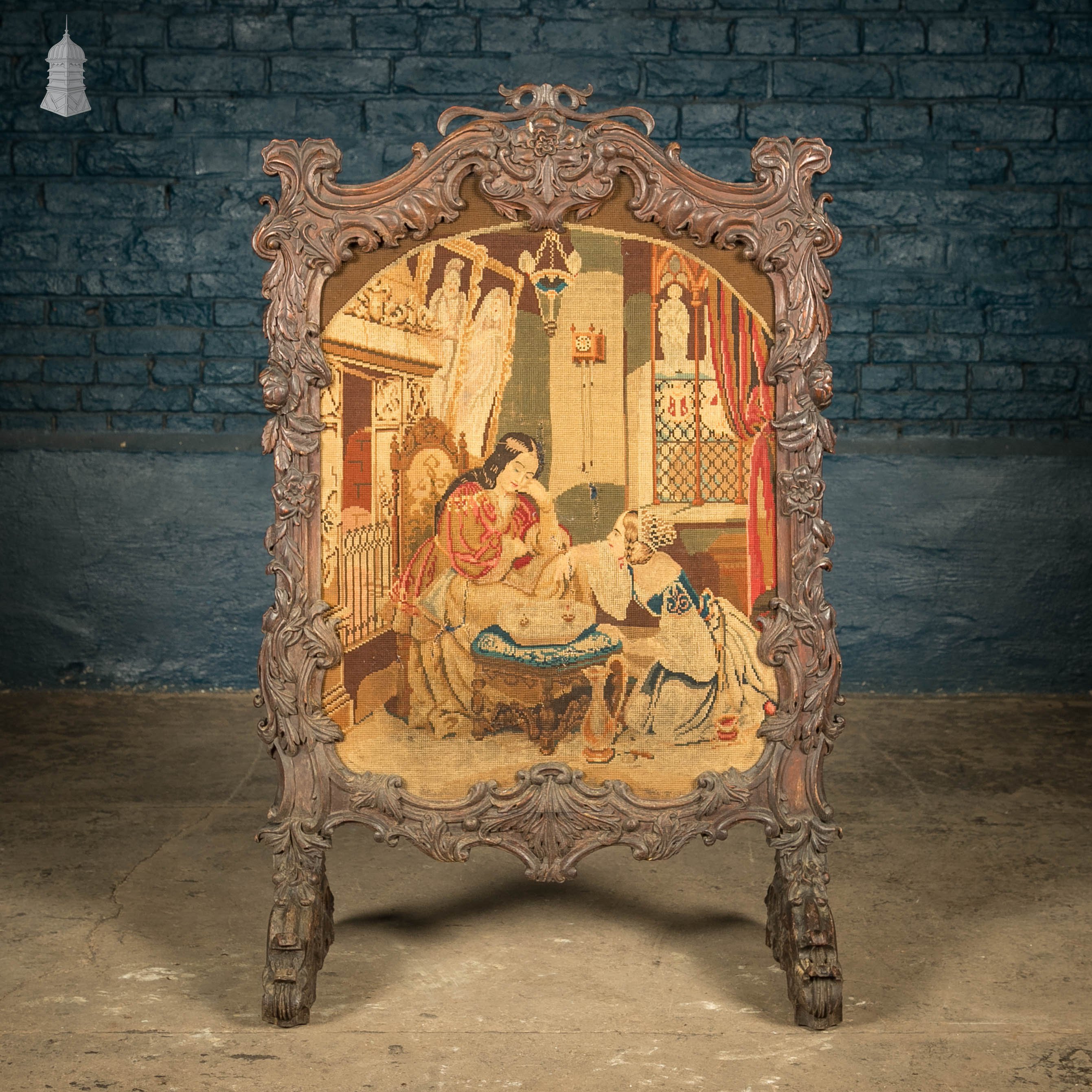 Carved French Fire Screen, Crewel Work Tapestry, 18th C Carved Oak Frame | Norfolk Reclamation